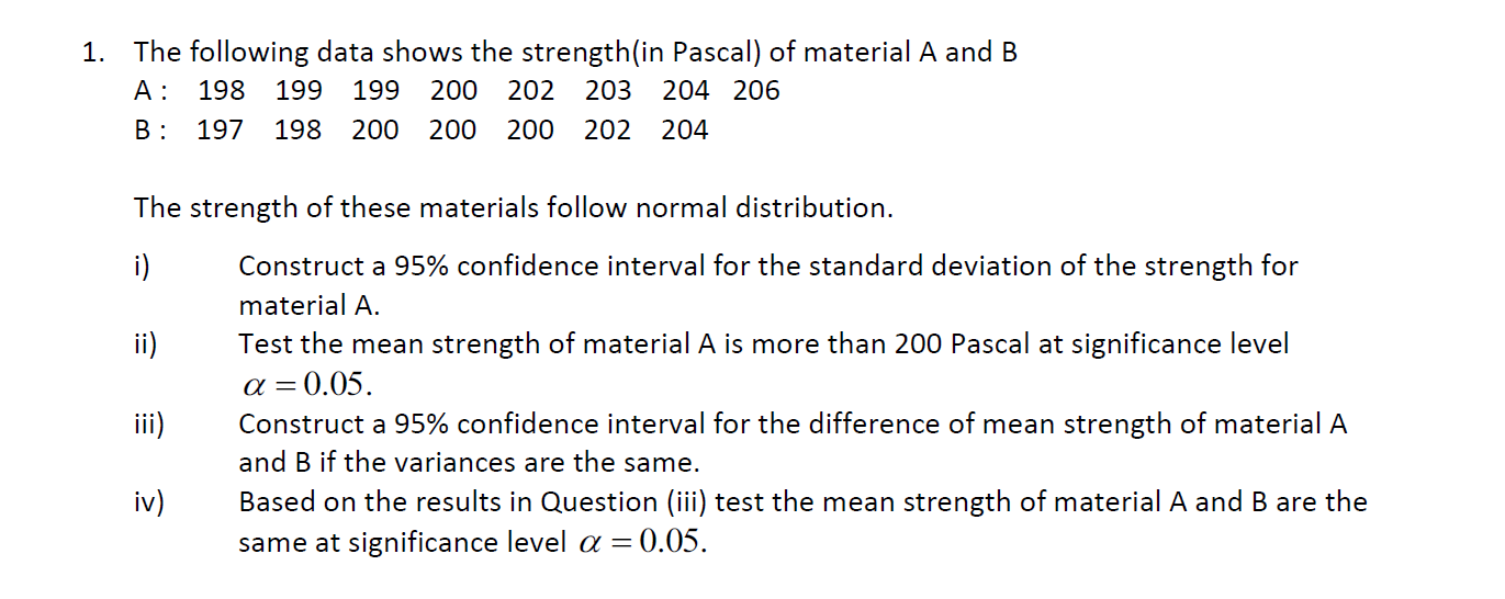 [Solved]: 1. The following data shows the strength(in Pasc