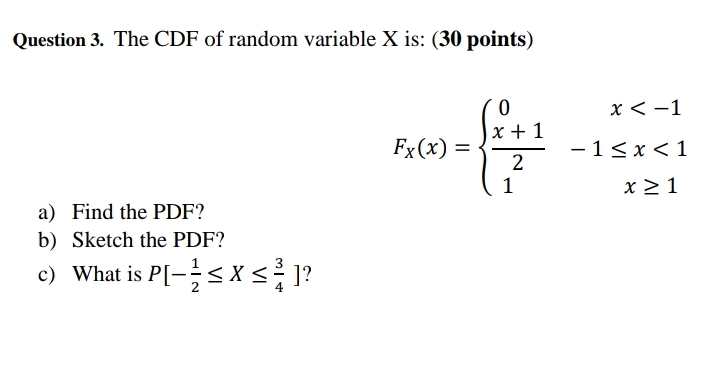 Solved Question 3. ﻿The CDF of random variable X is: ( 30 | Chegg.com