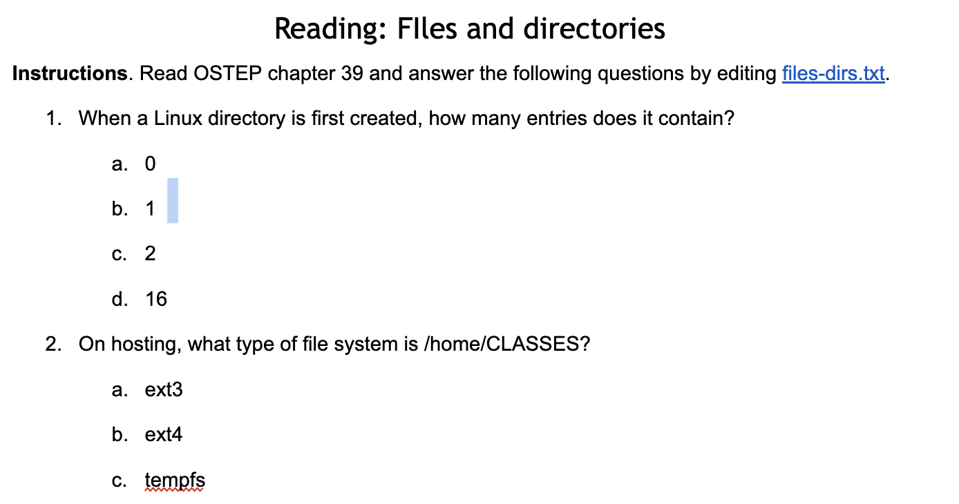 Solved Reading: Files and directories Instructions. Read | Chegg.com