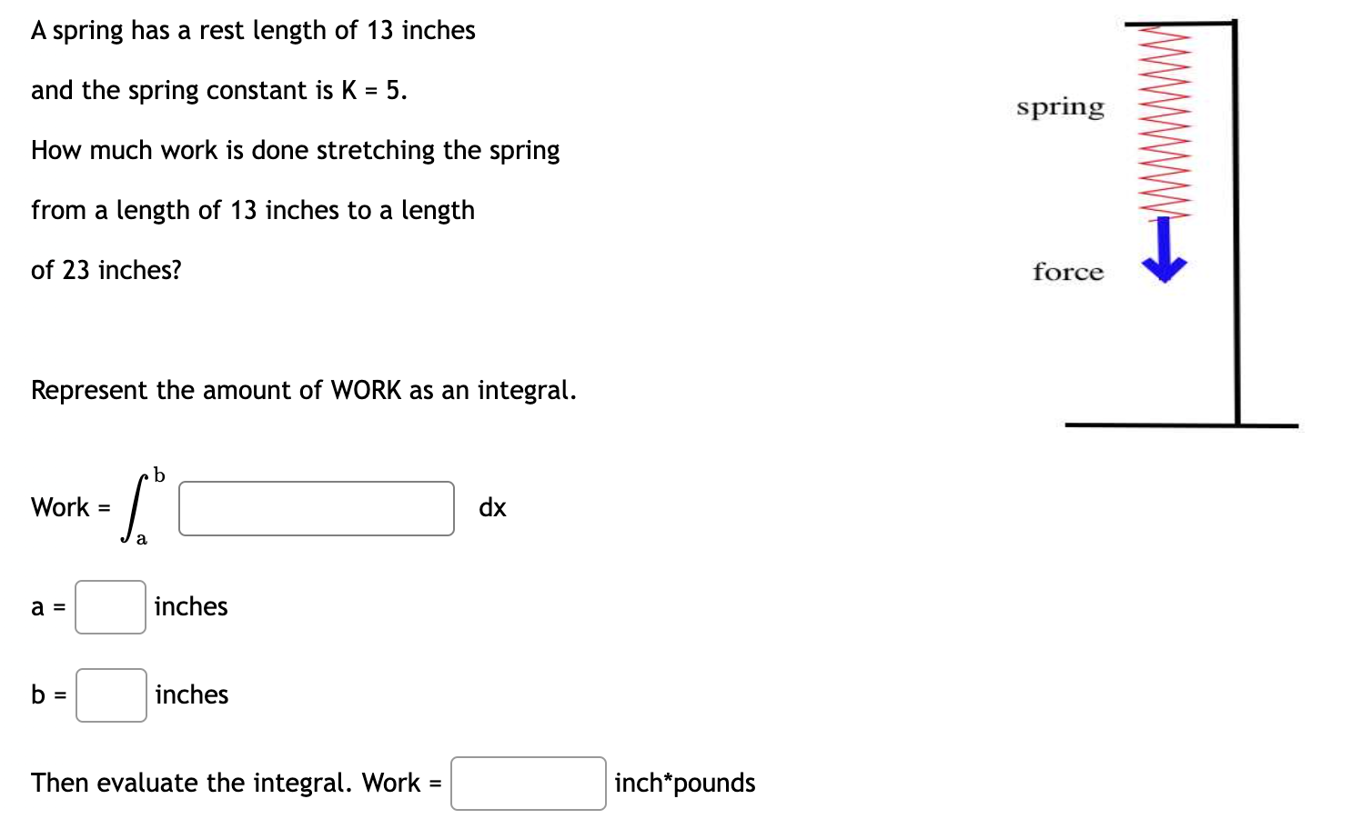 Solved A spring has a rest length of 13 inches and the | Chegg.com