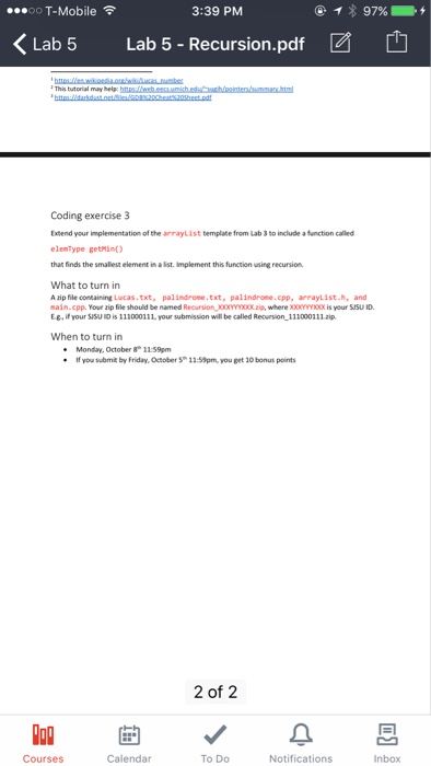 Solved T-Mobile 3:39 PM イ 97% 〈 Lab 5 Lab 5-Recursion.pdf 团 | Chegg.com