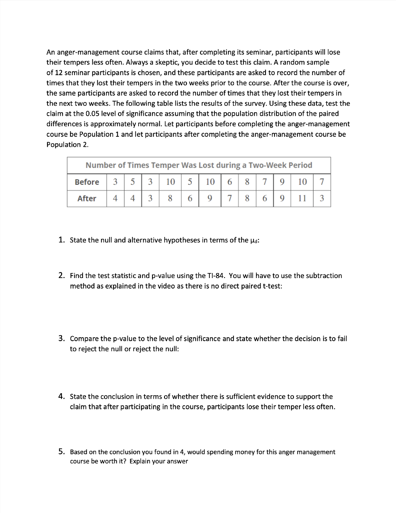 Solved An anger-management course claims that, after | Chegg.com