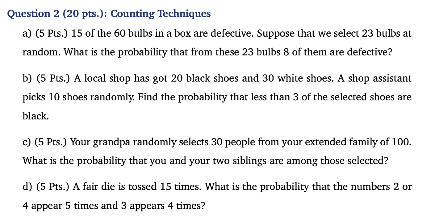 Solved Question 2 (20 ﻿pts.): Counting Techniquesa) ( 5 | Chegg.com