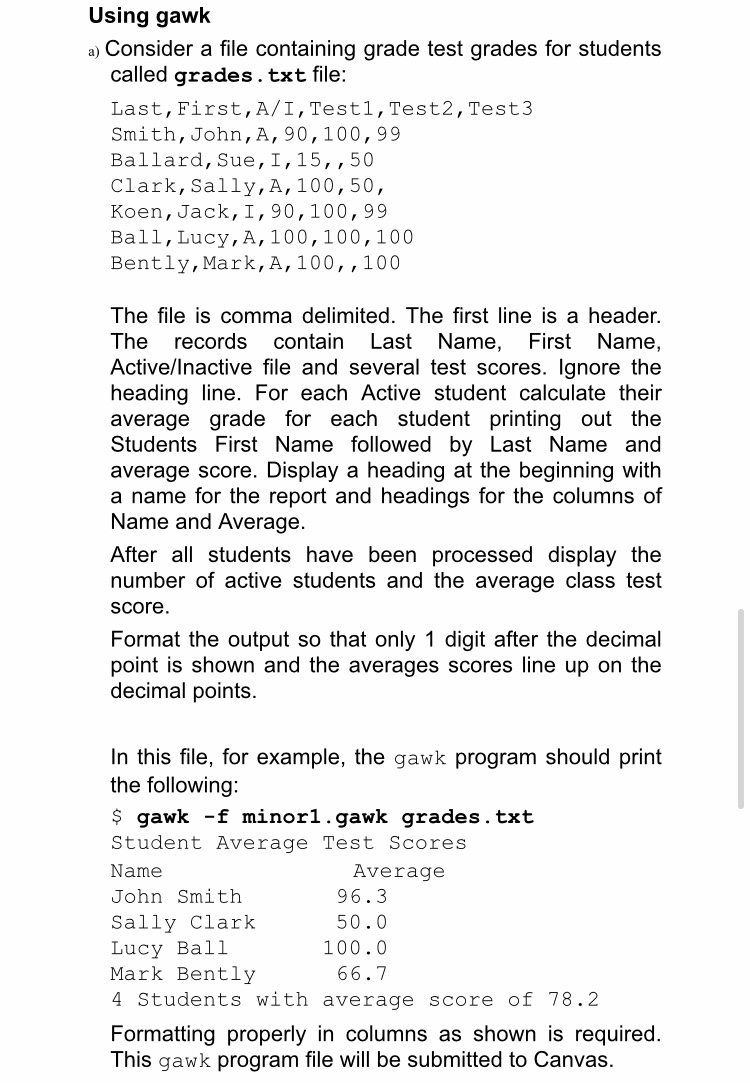 Using gawk a) Consider a file containing grade test | Chegg.com