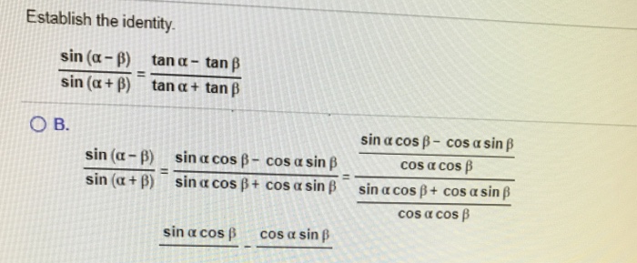 Solved Establish the identity. sin (?-?) sin (? + ?) tan | Chegg.com