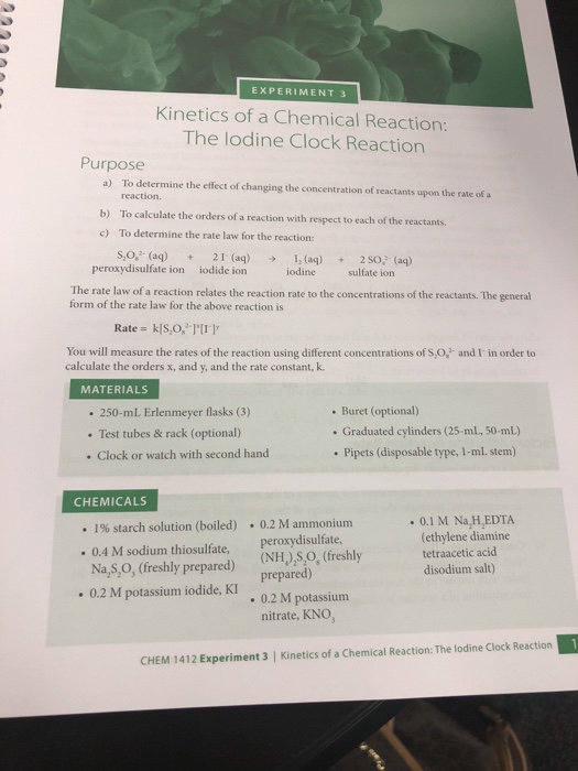 EXPERIMENT 3 Kinetics of a Chemical Reaction: The | Chegg.com