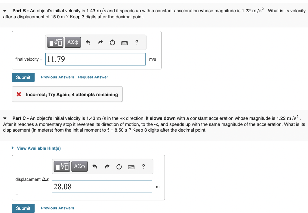 Solved Part B An Object S Initial Velocity Is 1 43 M S And