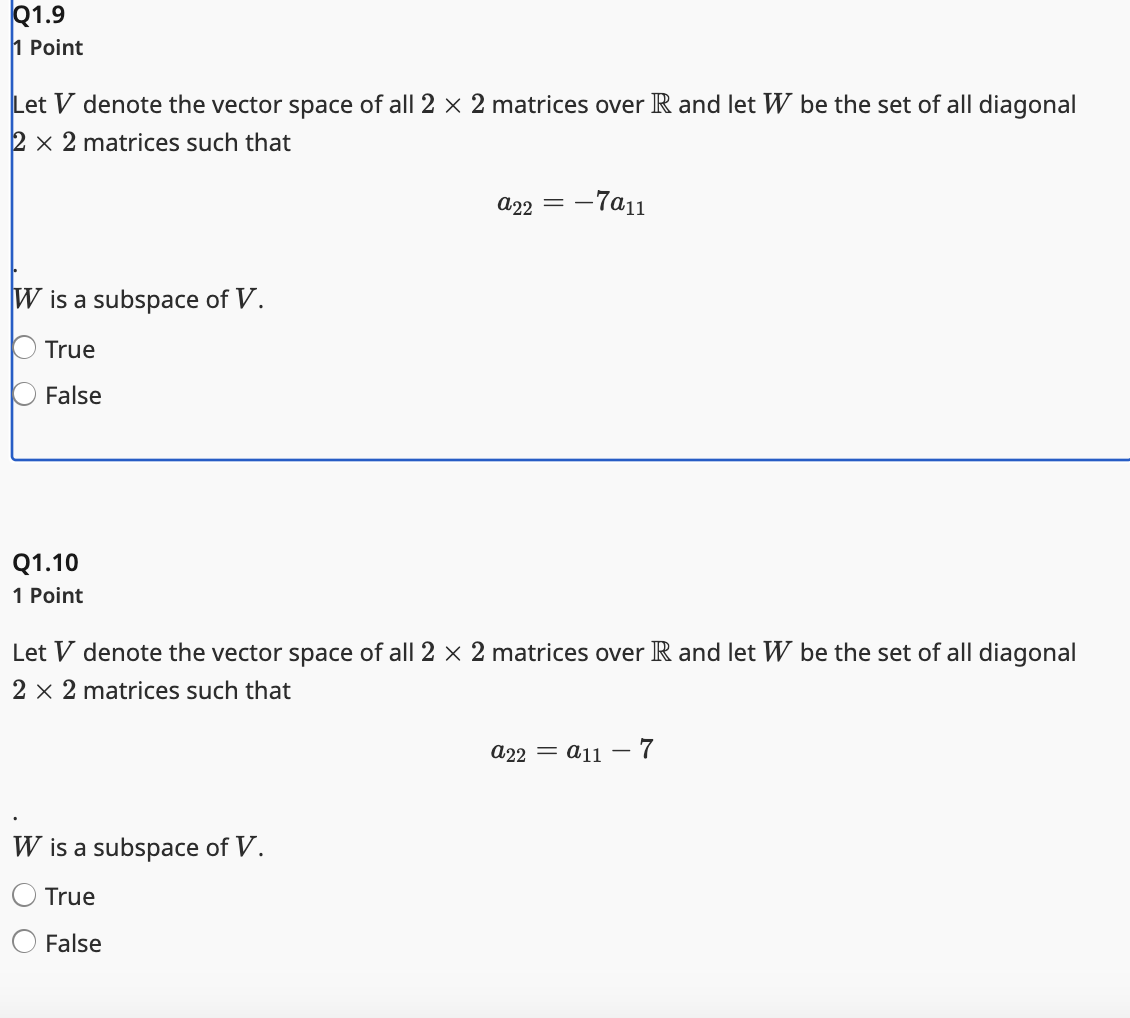 Solved 1 Point Let V denote the vector space of all 2×2 | Chegg.com