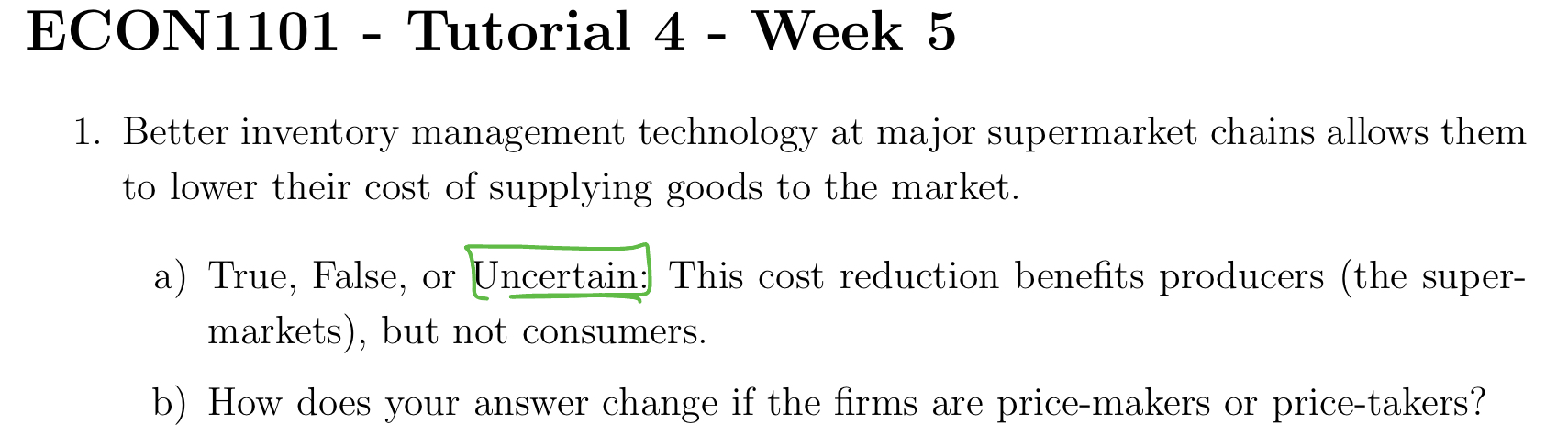 Solved ECON1101 - ﻿Tutorial 4 - ﻿Week 5Better inventory | Chegg.com
