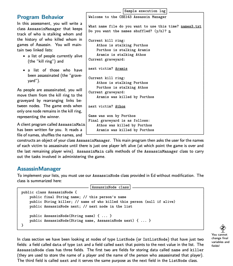 Overview: The Assassin Game "Assassin" is a game | Chegg.com