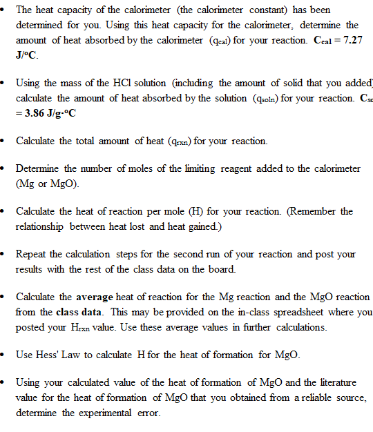 In determining the Heat of Formation of MgO, you will | Chegg.com