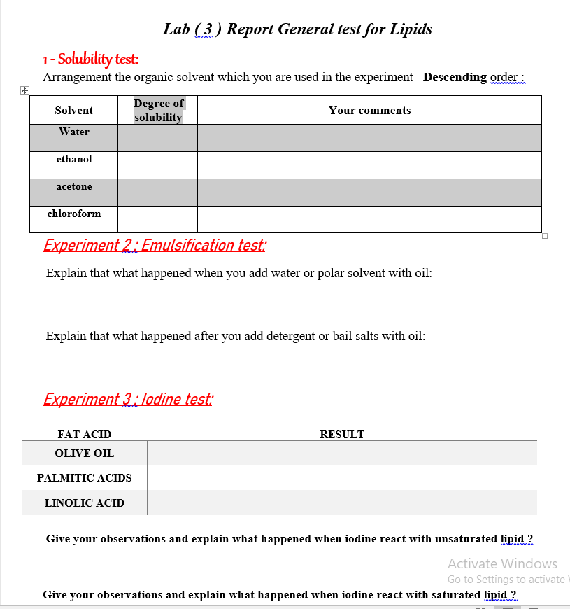 Lab (3) Report General test for Lipids -Solubility | Chegg.com