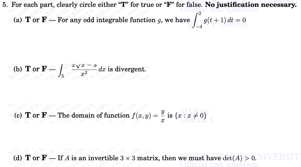 Solved 5. For each part, clearly circle either “T” for true | Chegg.com