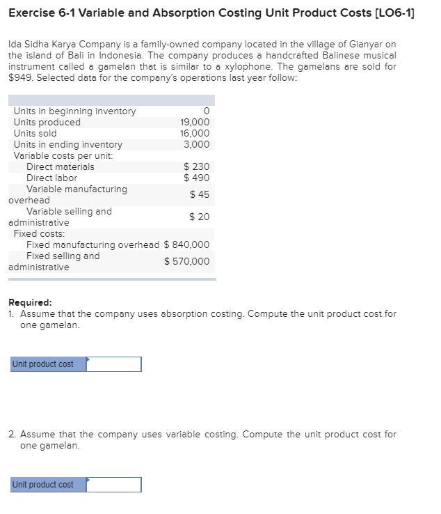 Solved Exercise 6-1 Variable and Absorption Costing Unit | Chegg.com