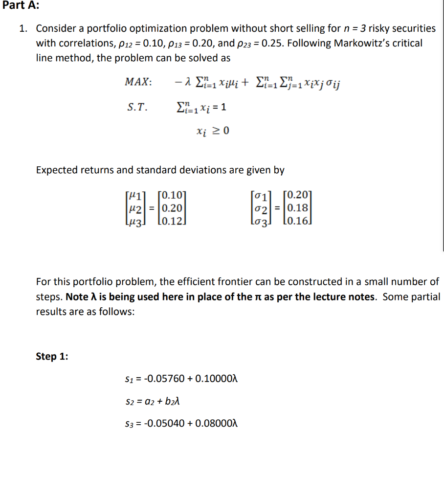 Part A: 1. Consider a portfolio optimization problem | Chegg.com