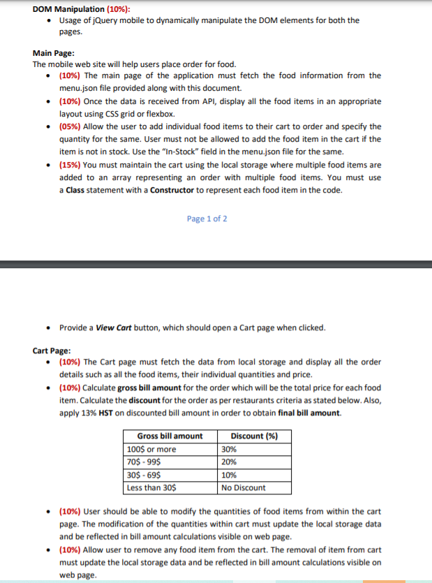 DOM Manipulation (10%): • Usage of jQuery mobile to | Chegg.com