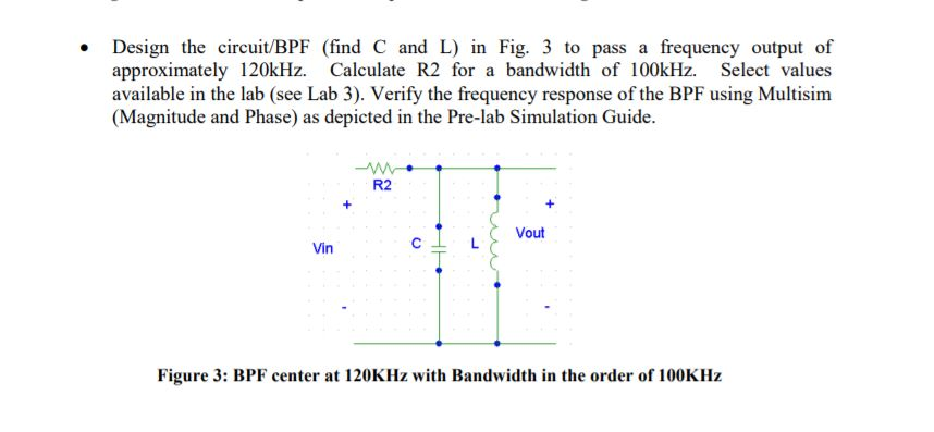 Design the circuit/BPF (find C and L) in Fig. 3 to | Chegg.com