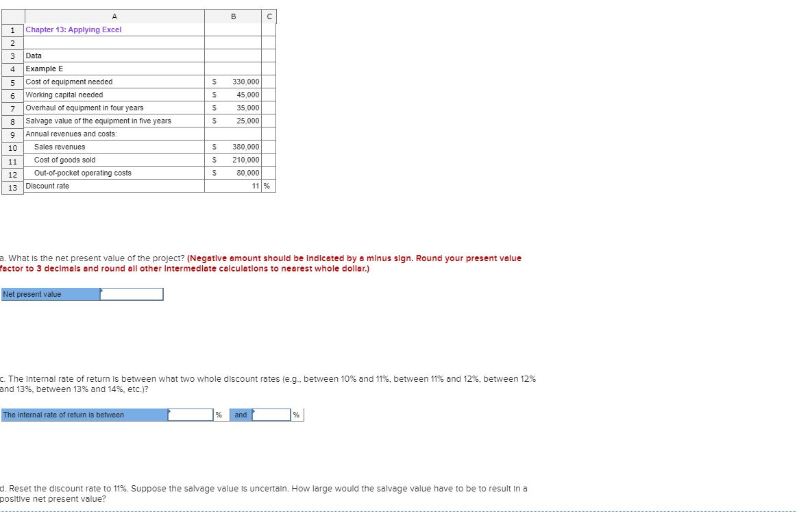 Solved 1 Chapter 13: Applying Excel Data 6 Example E Cost of | Chegg.com