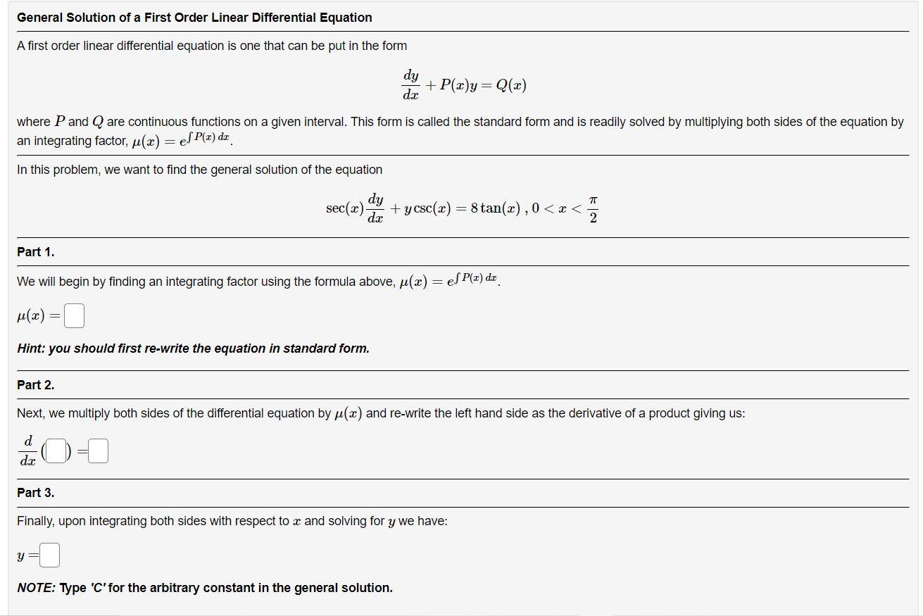 Solved General Solution of a First Order Linear Differential | Chegg.com