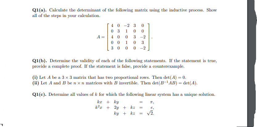 Solved Q1(a). Calculate the determinant of the following | Chegg.com