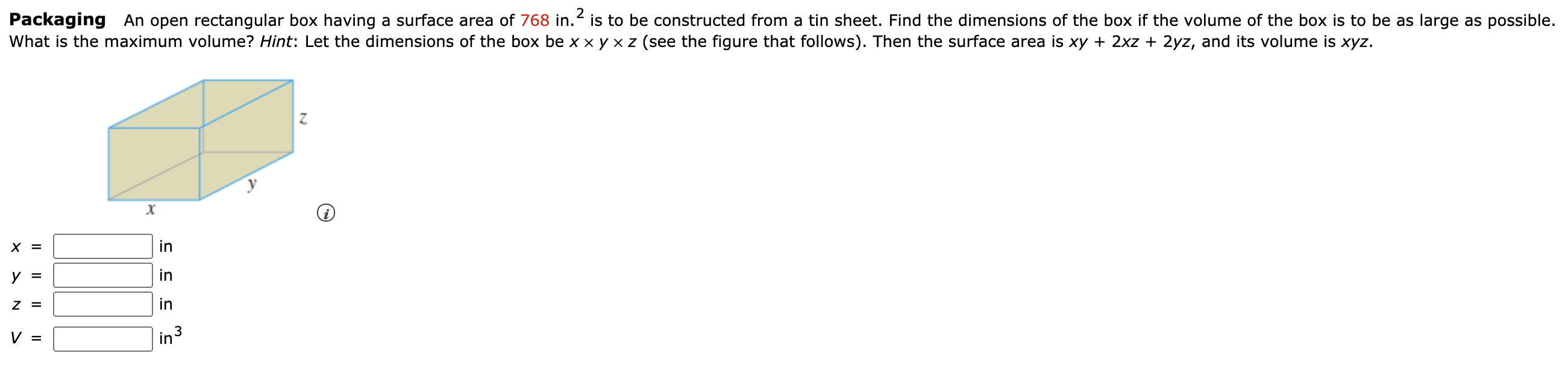 Solved Packaging An open rectangular box having a surface | Chegg.com