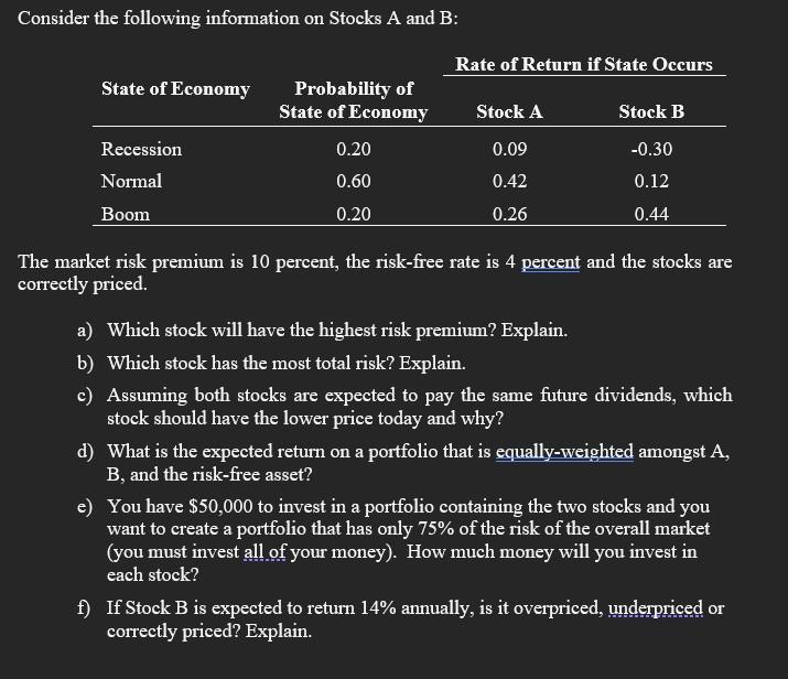 Solved Consider the following information on Stocks A and B | Chegg.com