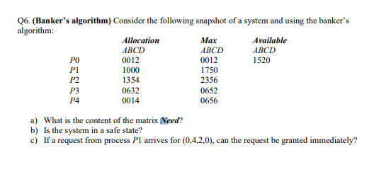 Solved Q6. (Banker's algorithm) Consider the following | Chegg.com
