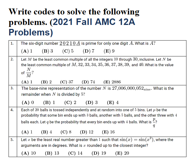 Solved Write codes to solve the following problems. (2021 | Chegg.com