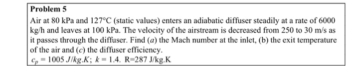 Solved Problem 5 Air at 80 kPa and 127°C (static values) | Chegg.com