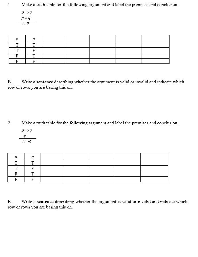 1. Make a truth table for the following argument and | Chegg.com