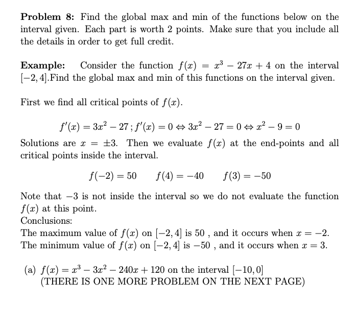Solved Problem 8: Find the global max and min of the | Chegg.com
