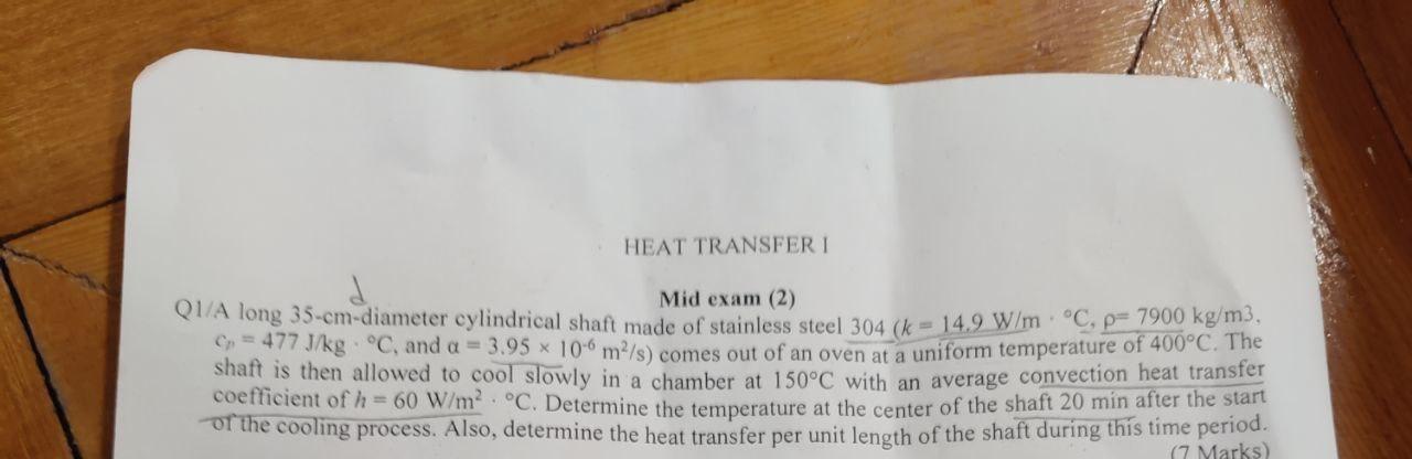 Solved HEAT TRANSFERI Mid exam (2) QU/A long 35-cm-diameter | Chegg.com