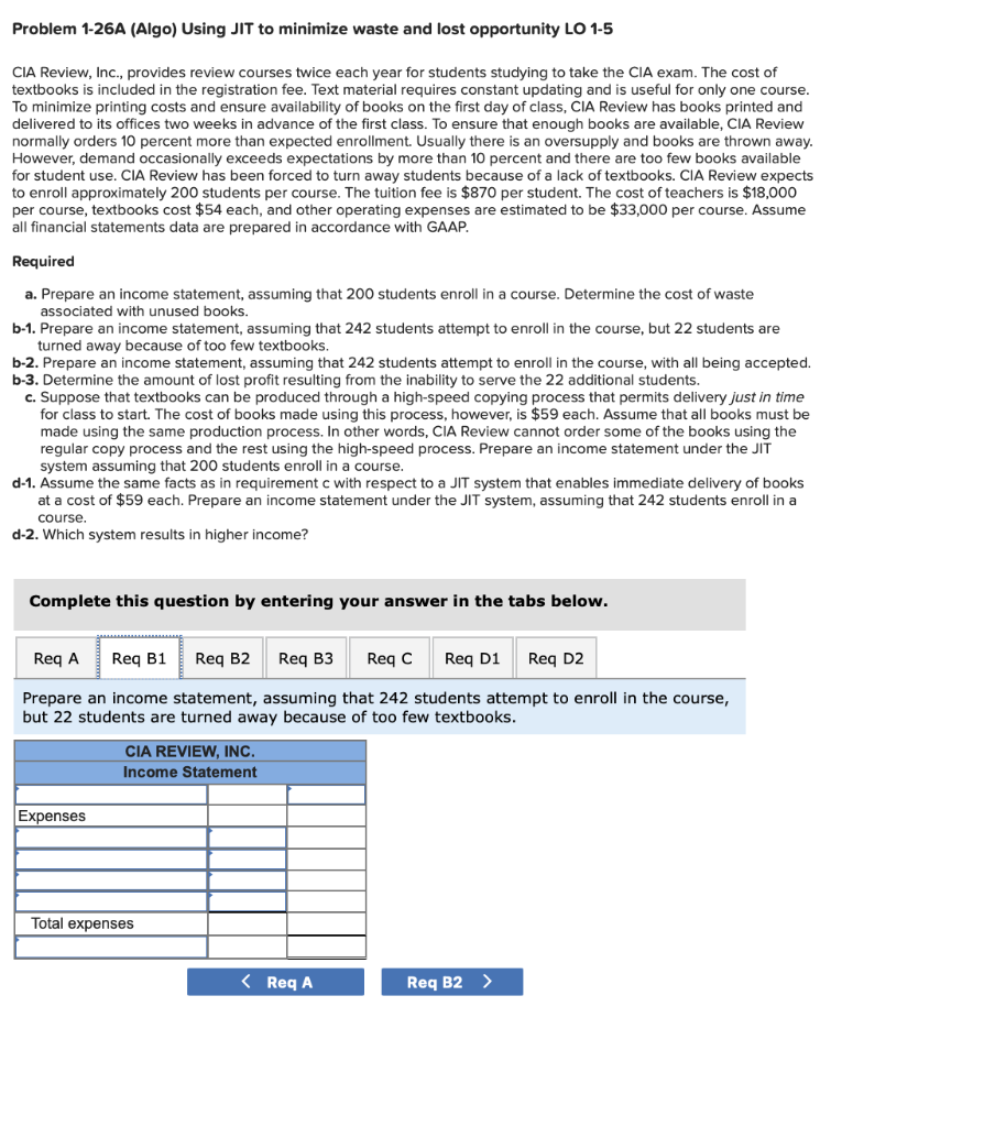 Solved Problem 1-26A (Algo) Using JIT to minimize waste and | Chegg.com