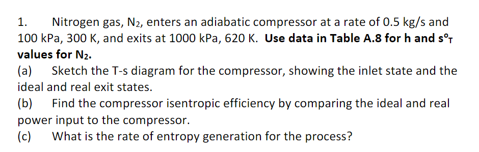 Solved 1. Nitrogen gas, N2, enters an adiabatic compressor | Chegg.com