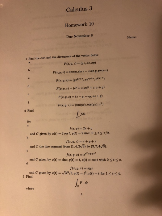 Solved Calculus 3 Homework 10 Due November 8 Name 1 Find the | Chegg.com