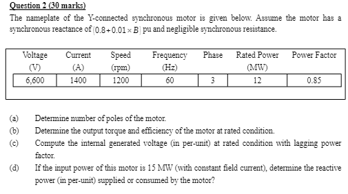 Solved Question 2 (30 ﻿marks)The nameplate of the | Chegg.com