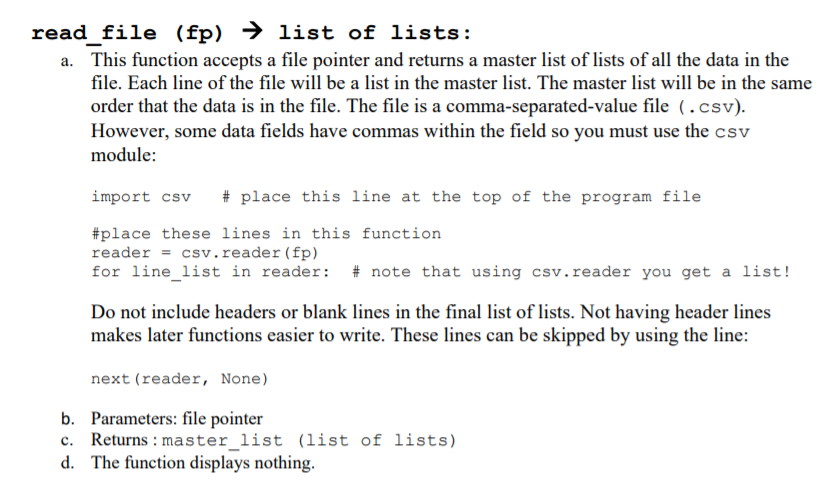 Solved read_file (fp) → list of lists: a. This function | Chegg.com