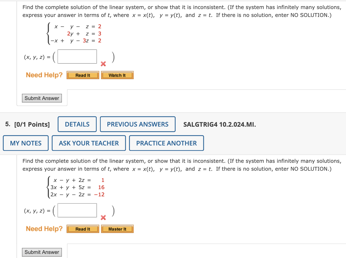 Solved Find the complete solution of the linear system, or | Chegg.com