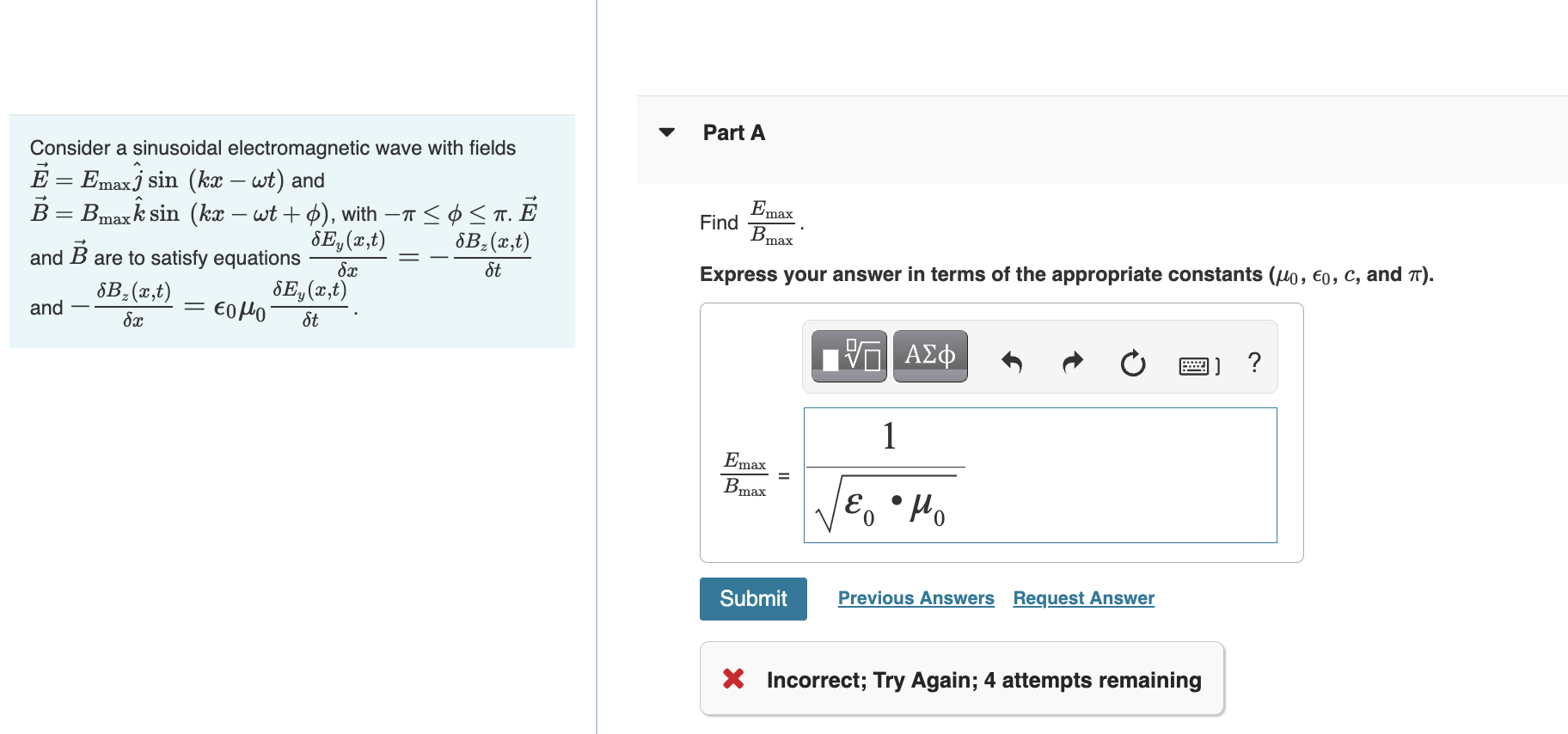 Solved Consider a sinusoidal electromagnetic wave with | Chegg.com