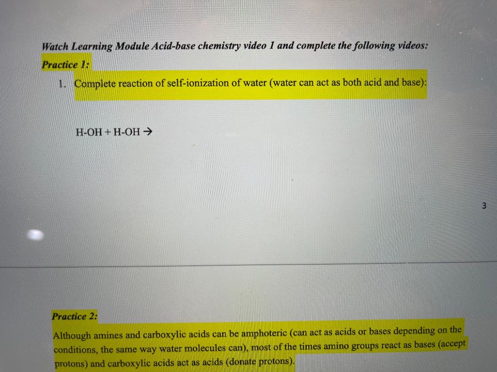 Solved Watch Learning Module Acid-base chemistry video 1 and | Chegg.com