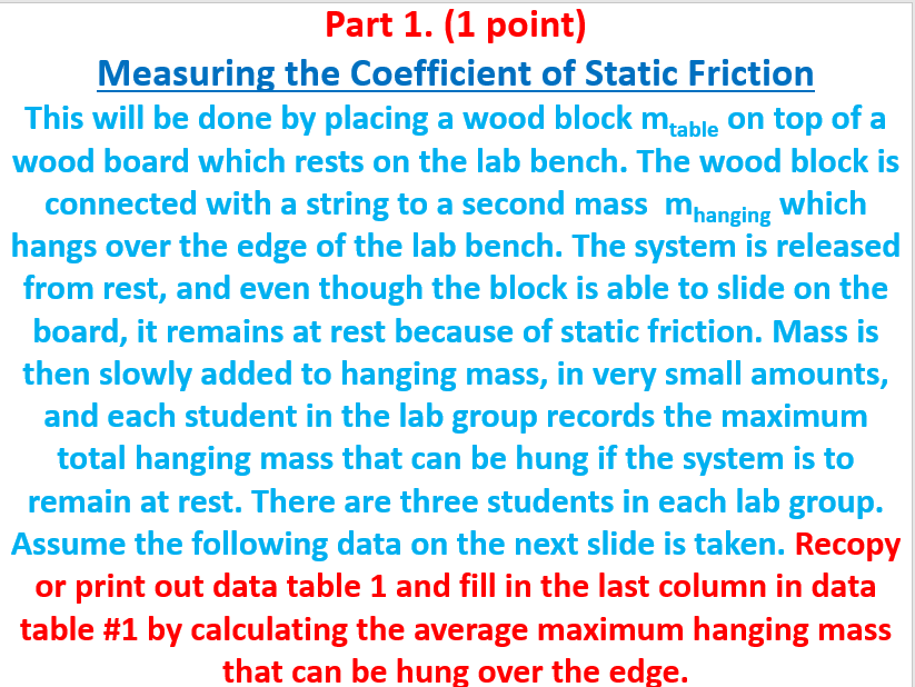 Solved Part 1. (1 point) Measuring the Coefficient of Static | Chegg.com