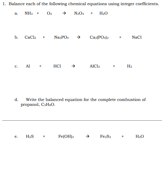 Solved 1. Balance each of the following chemical equations | Chegg.com