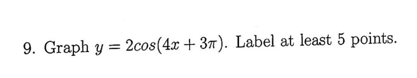 Solved 9. Graph y = 2cos(4x + 37). Label at least 5 points. | Chegg.com