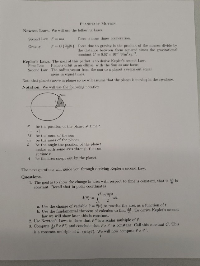 Solved PLANETARY MOTION Newton Laws. We will use the | Chegg.com