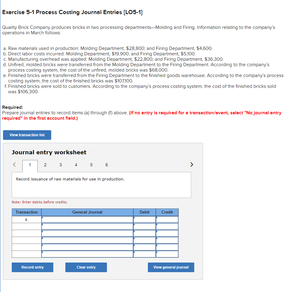 Solved Exercise 5-1 Process Costing Journal Entries [LO5-1] | Chegg.com