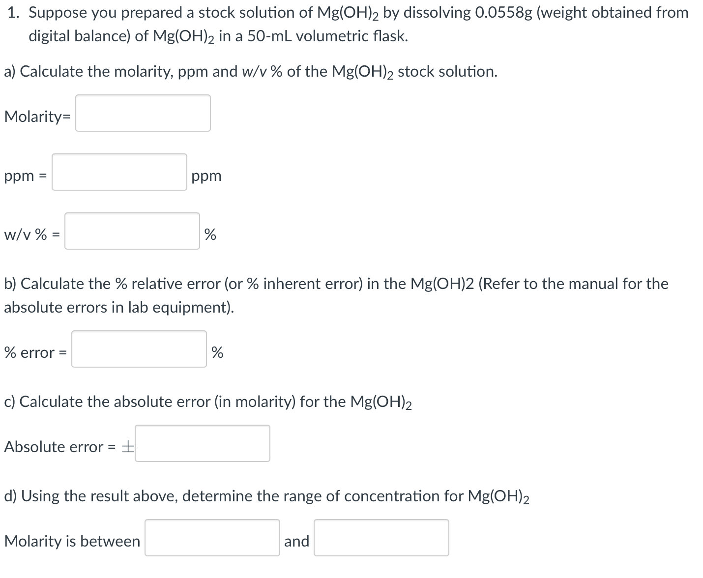 Solved 1. Suppose you prepared a stock solution of Mg(OH)2 | Chegg.com
