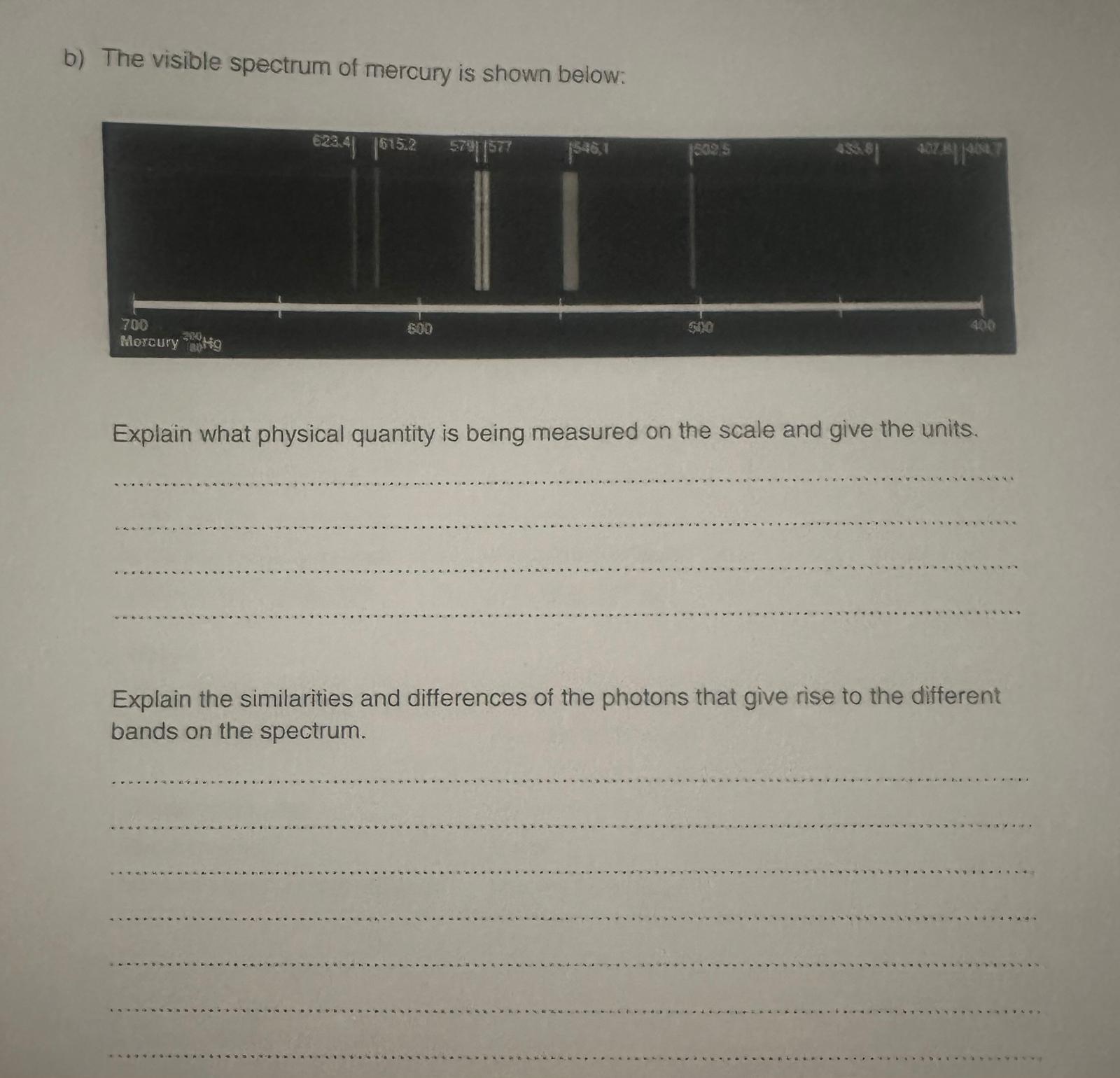 Solved b) ﻿The visible spectrum of mercury is shown | Chegg.com