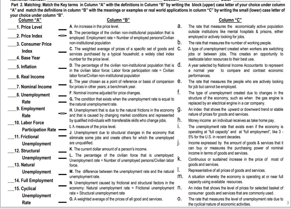 Solved Part 2. Matching: Match the Key terms in Column "A" | Chegg.com
