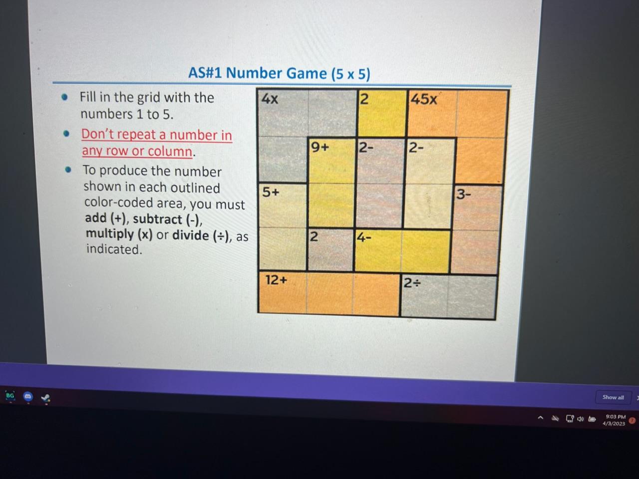 Solved AS\#1 Number Game (5×5) - Fill in the grid with the | Chegg.com