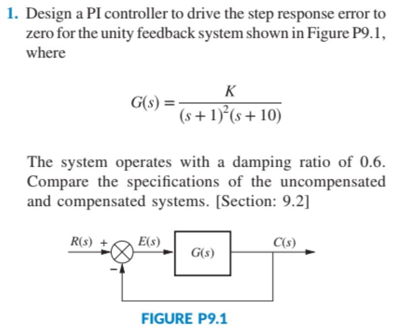 Solved 1. Design a PI controller to drive the step response | Chegg.com